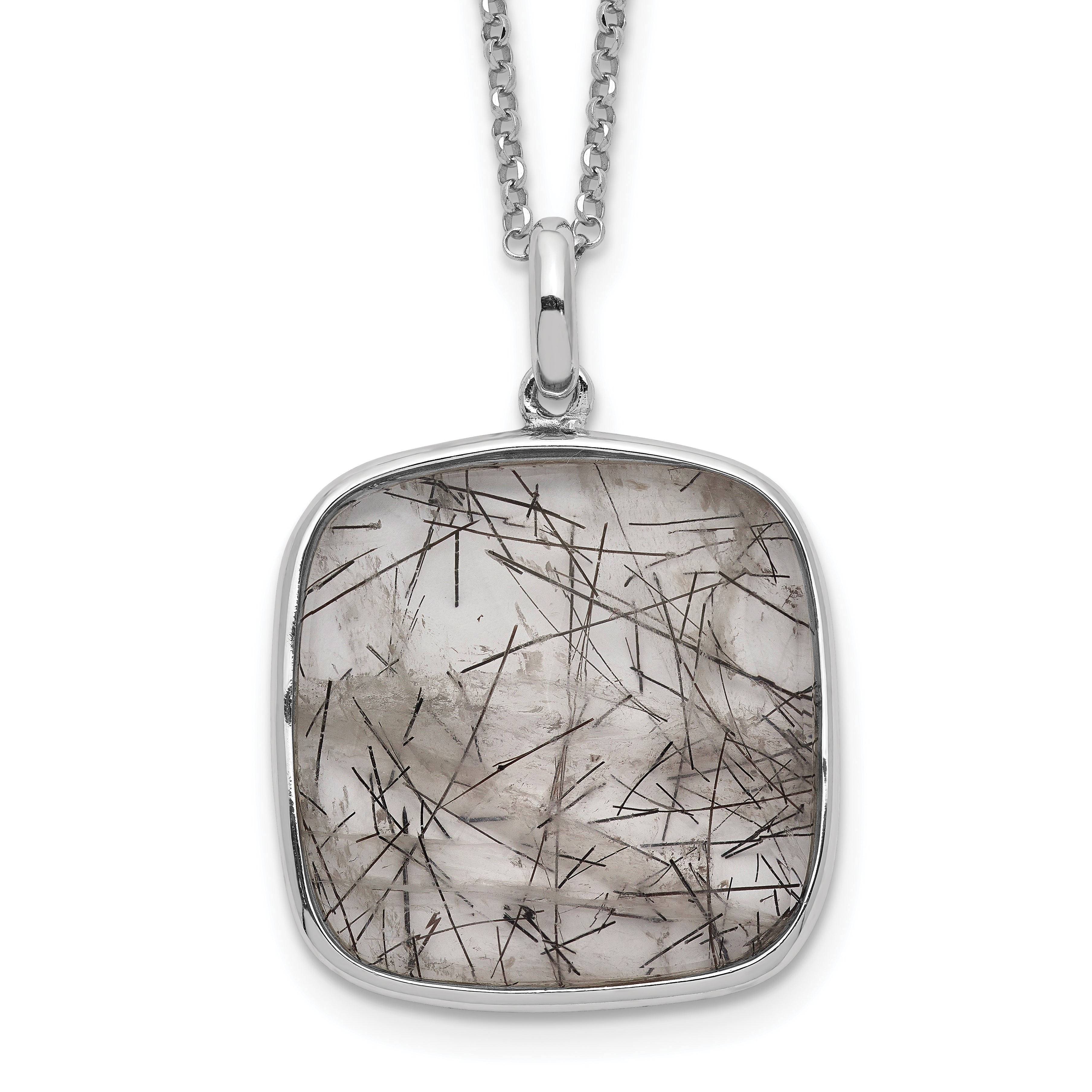 Sterling Silver Rhodium Plated Square Black Rutilated Quartz Necklace
