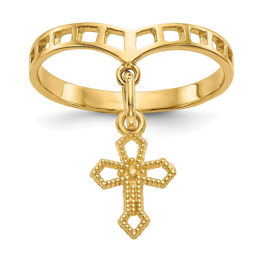 14K Yellow Gold Polished Cross Dangle Charm Ring | Goldia.com